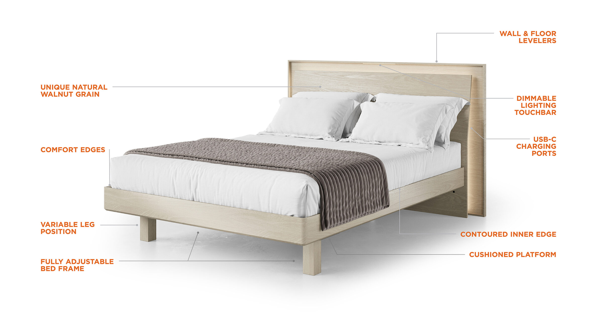 KAVA 9617 | Modern Queen Bed With Built-in Charging & Lighting | BDI Furniture