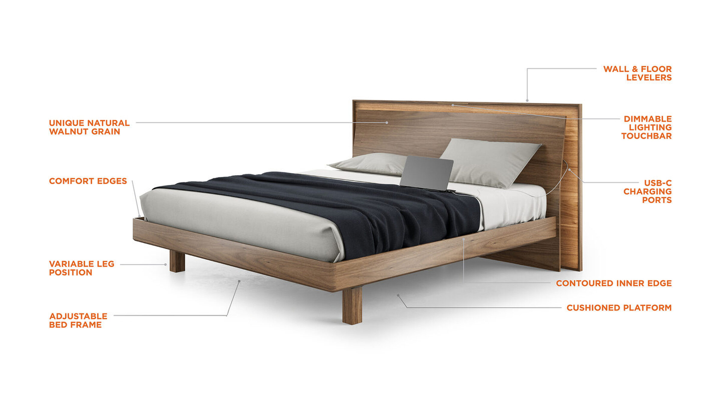 KAVA 9619 | Modern King Bed With Built-in Charging & Lighting | BDI Furniture